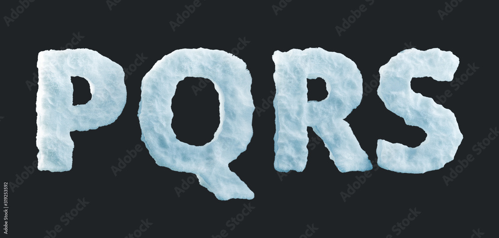 Snow letters P Q R S uppercase. 3D render of snowy font isolated on ...