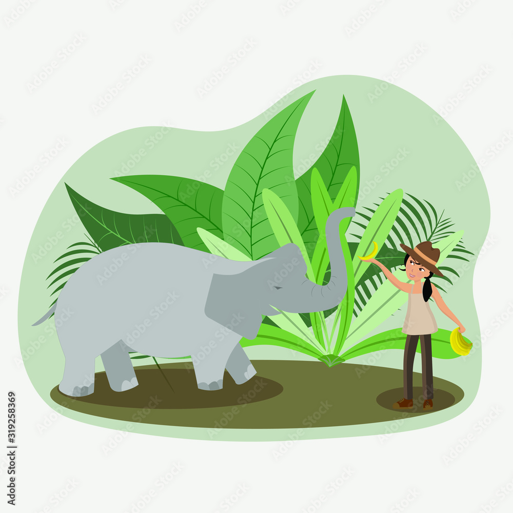 Magic Adventure with girl Liza in tropical jungle. Liza feeds an ...