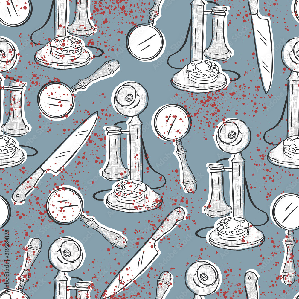 Vector murder mystery novel seamless pattern in retro style. Hand drawn ...