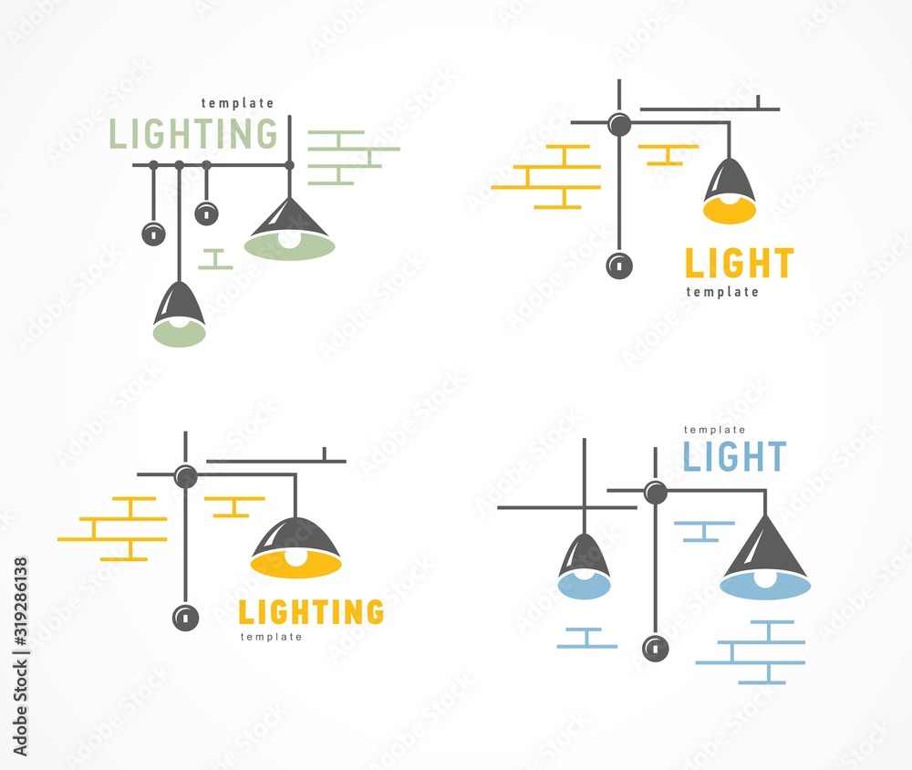 Set Lighting logo vector chandelier lamp and brick wall, wiring ...