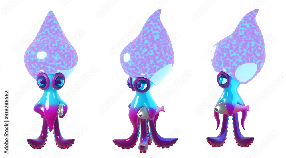 Cute business squid octopus with fish under its arm on a white ...