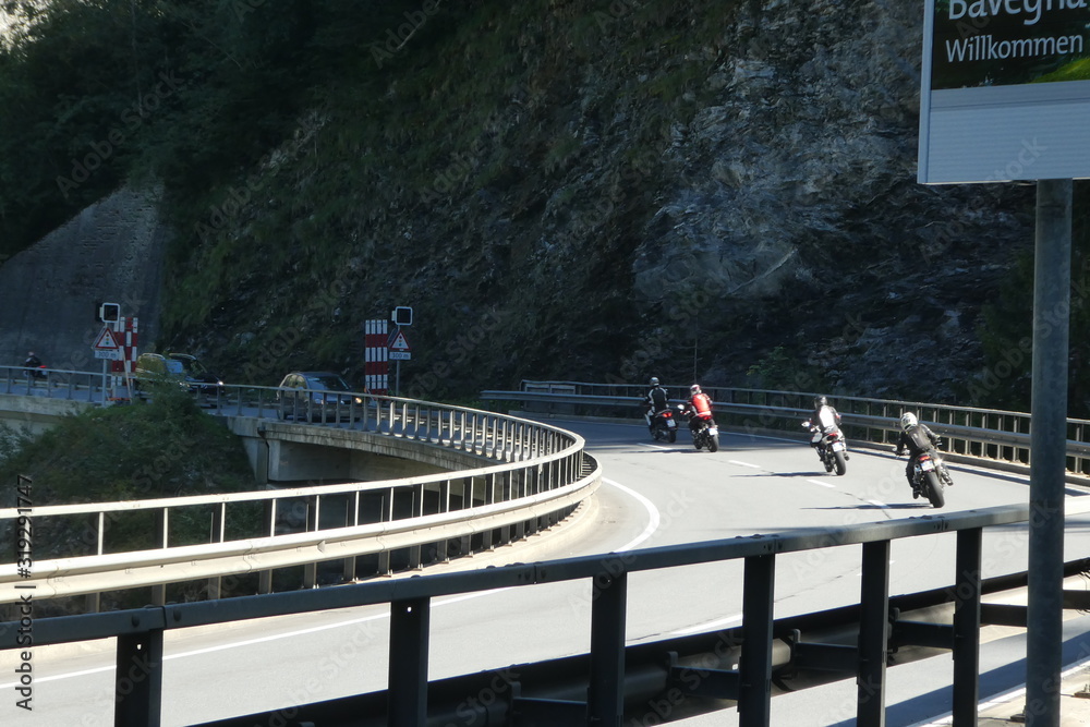 Straße mit Motorrädern im Albulatal Stock Photo | Adobe Stock