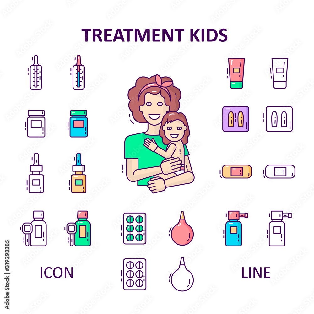Set of isolated linear icons. Means for treating child and happy mother ...