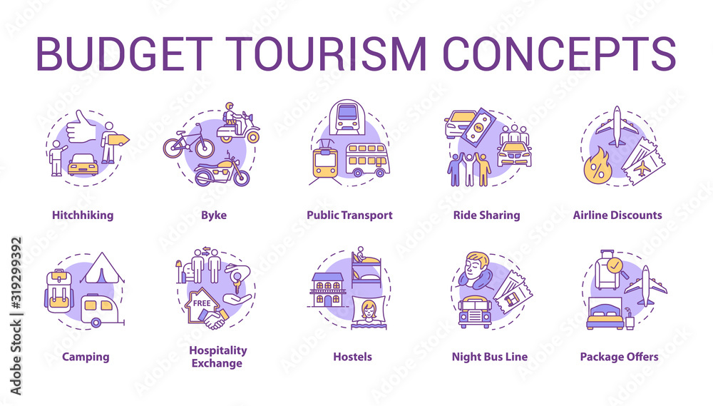 Budget tourism concept icons set. Affordable travel idea thin line RGB ...