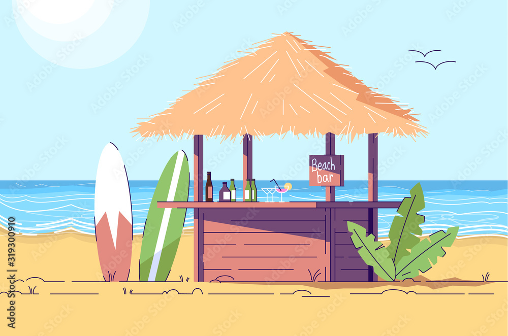 Empty beach bar counter and surfboards flat doodle illustration ...