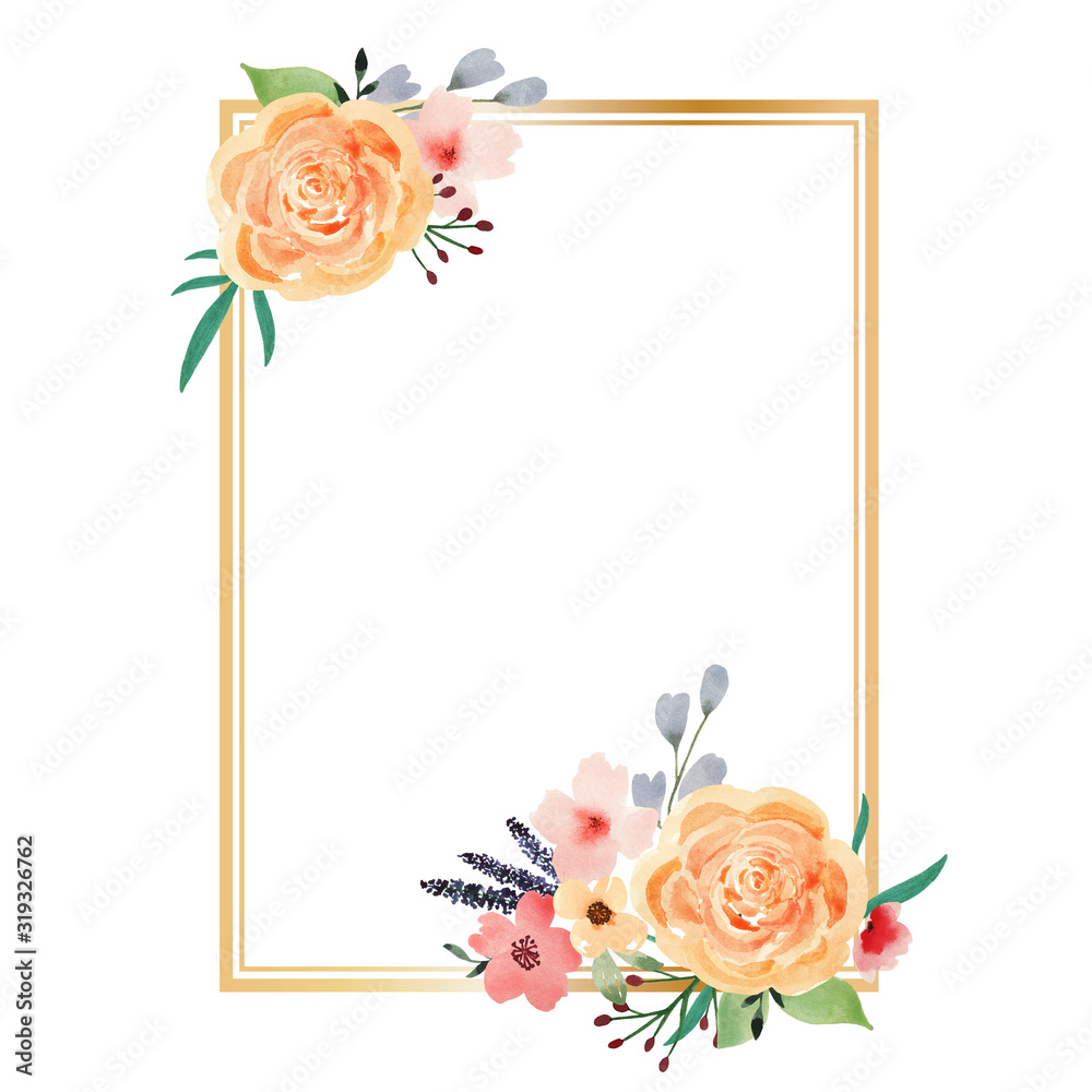 Watercolor frame with peach roses flower arrangements isolated on white ...