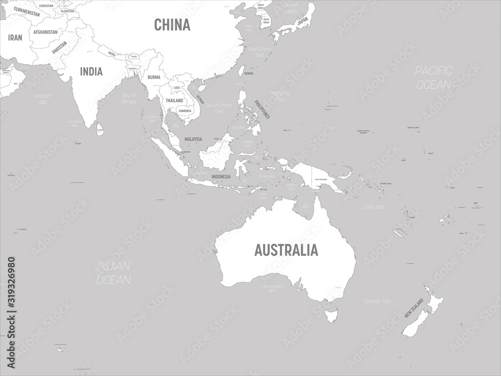 Australia and Southeast Asia map - white lands and grey water. High ...