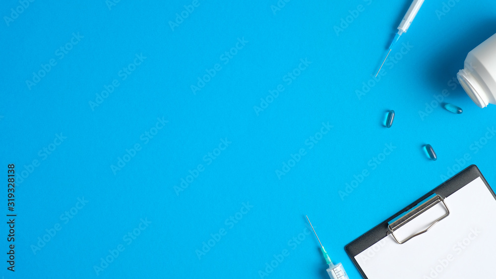 Frame border of medical tools and equipment on blue background. Top ...
