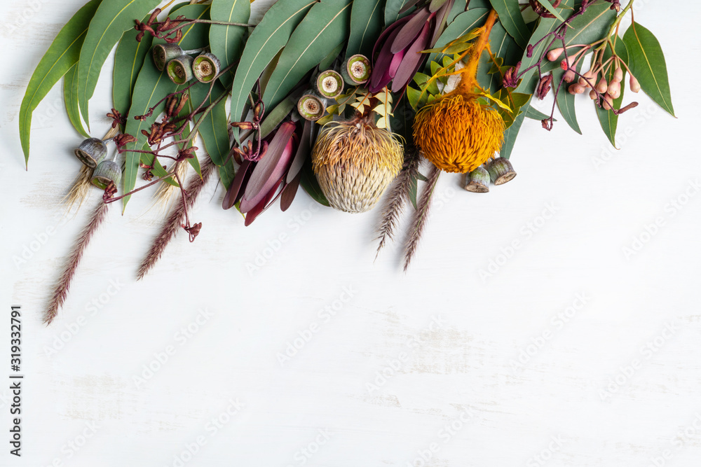 Beautiful flat lay floral arrangement of mostly Australian native ...