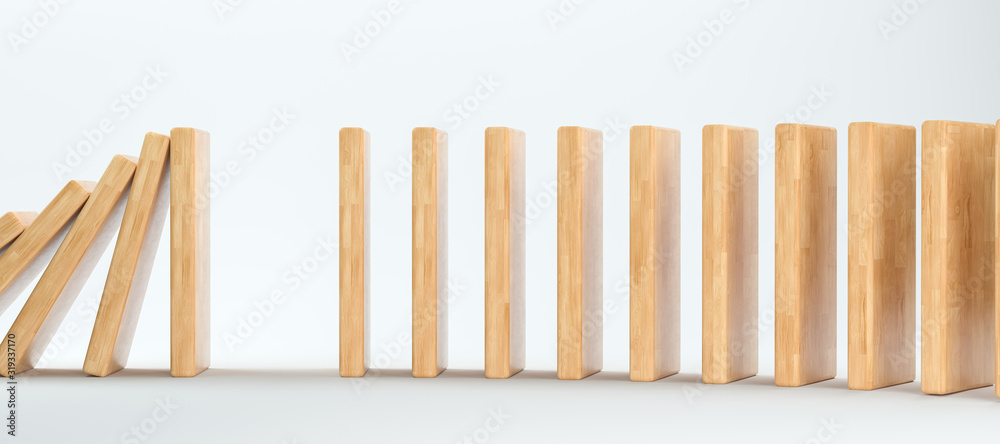 gap for a stopper between falling domino-blocks on white background ...