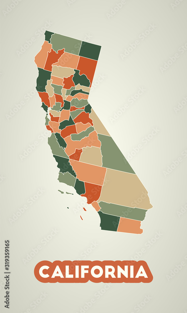 California poster in retro style. Map of the us state with regions in ...