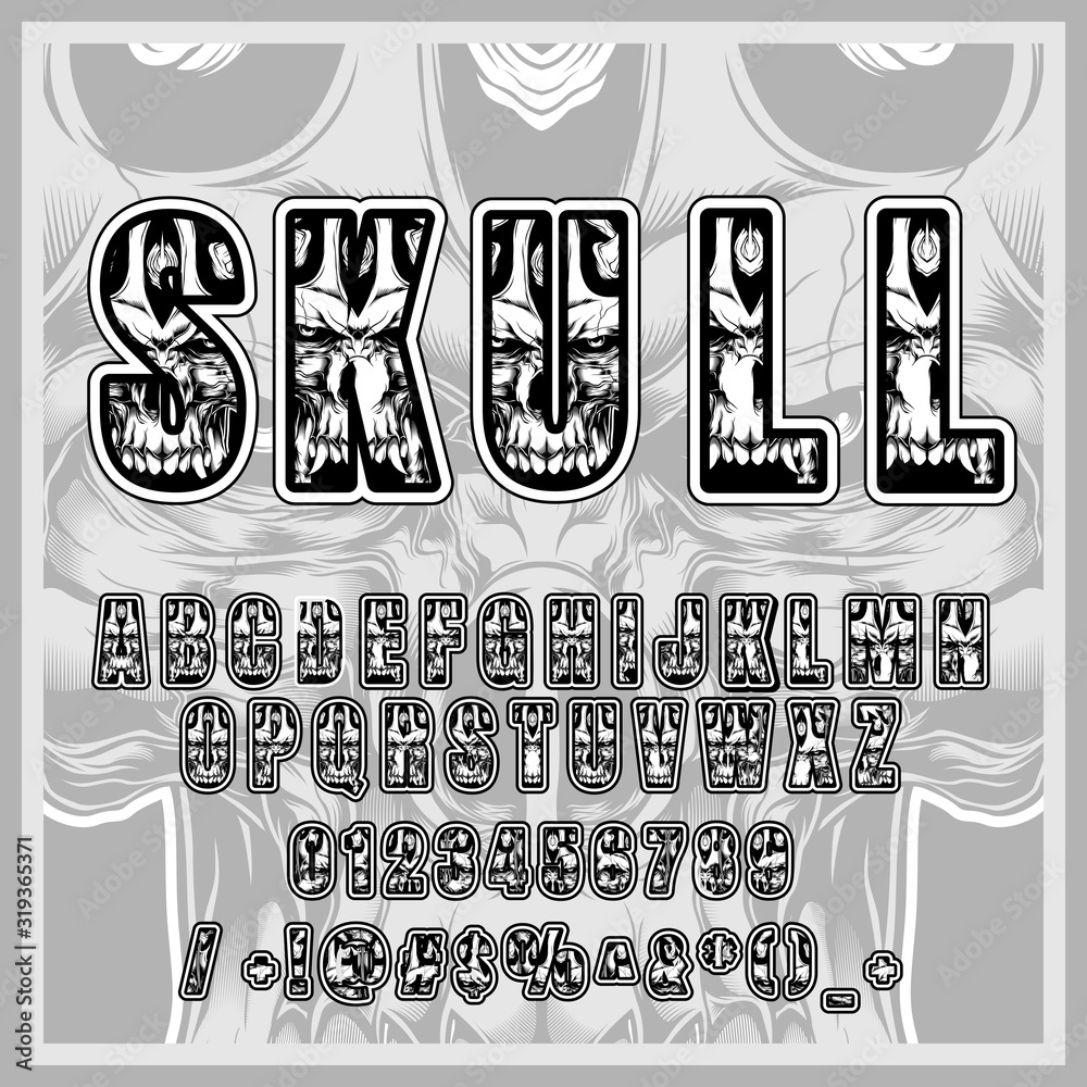 Vector display font design with skull ,alphabet, character set ...