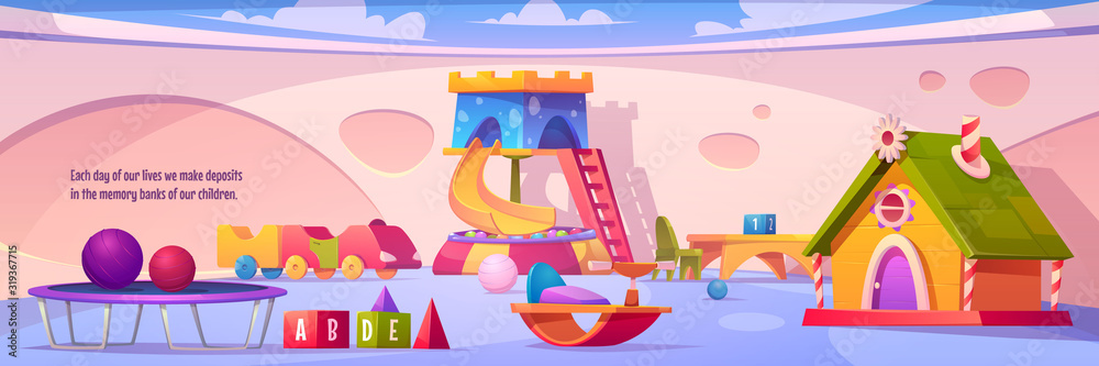 Kids playroom interior, empty indoors playground with furniture and ...