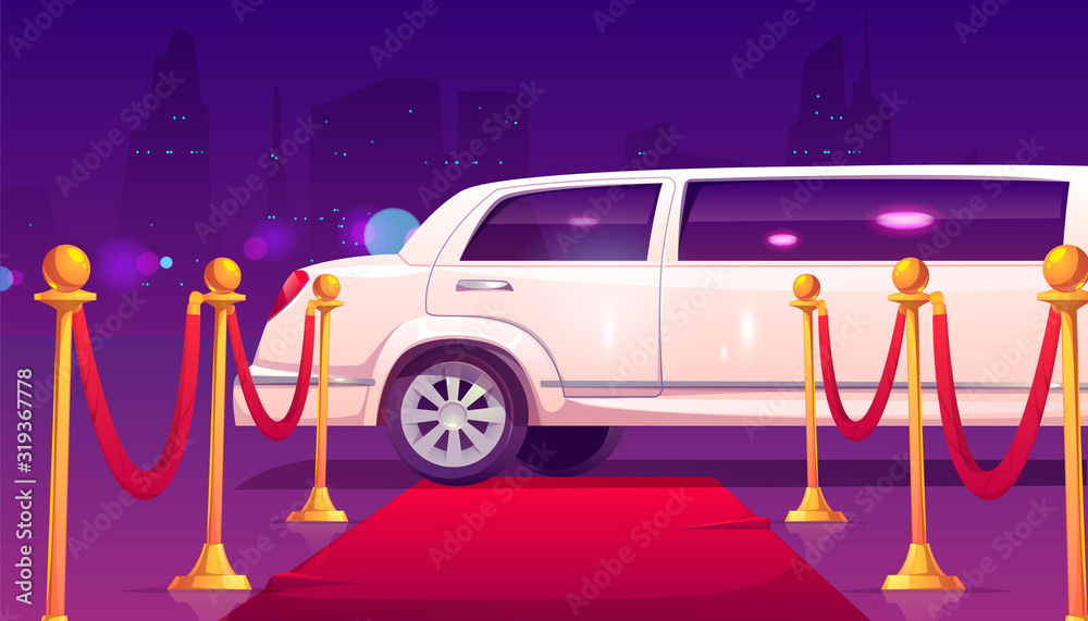 Limousine stand at empty red carpet with rope barrier. Luxury limo with ...