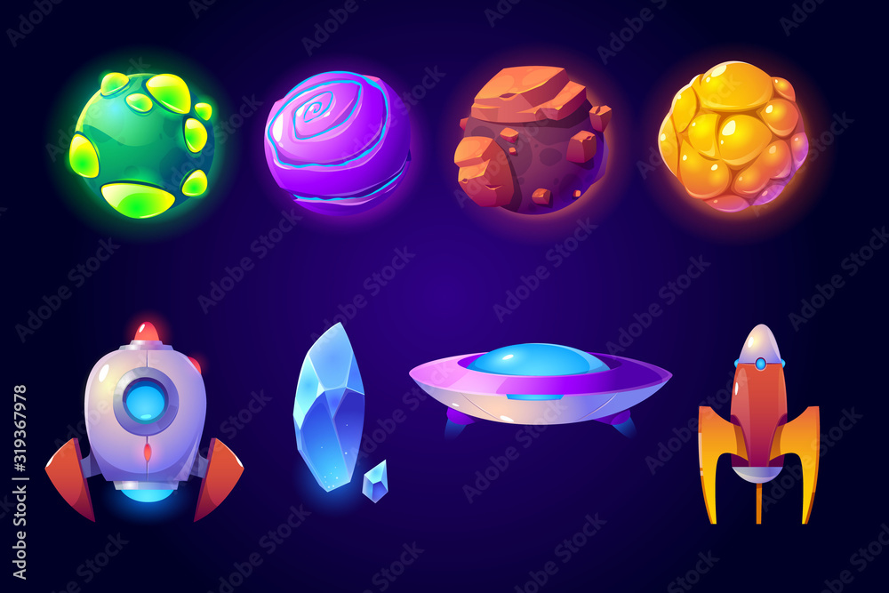 Planets, rockets and alien ufo set isolated on blue background. Fantasy ...