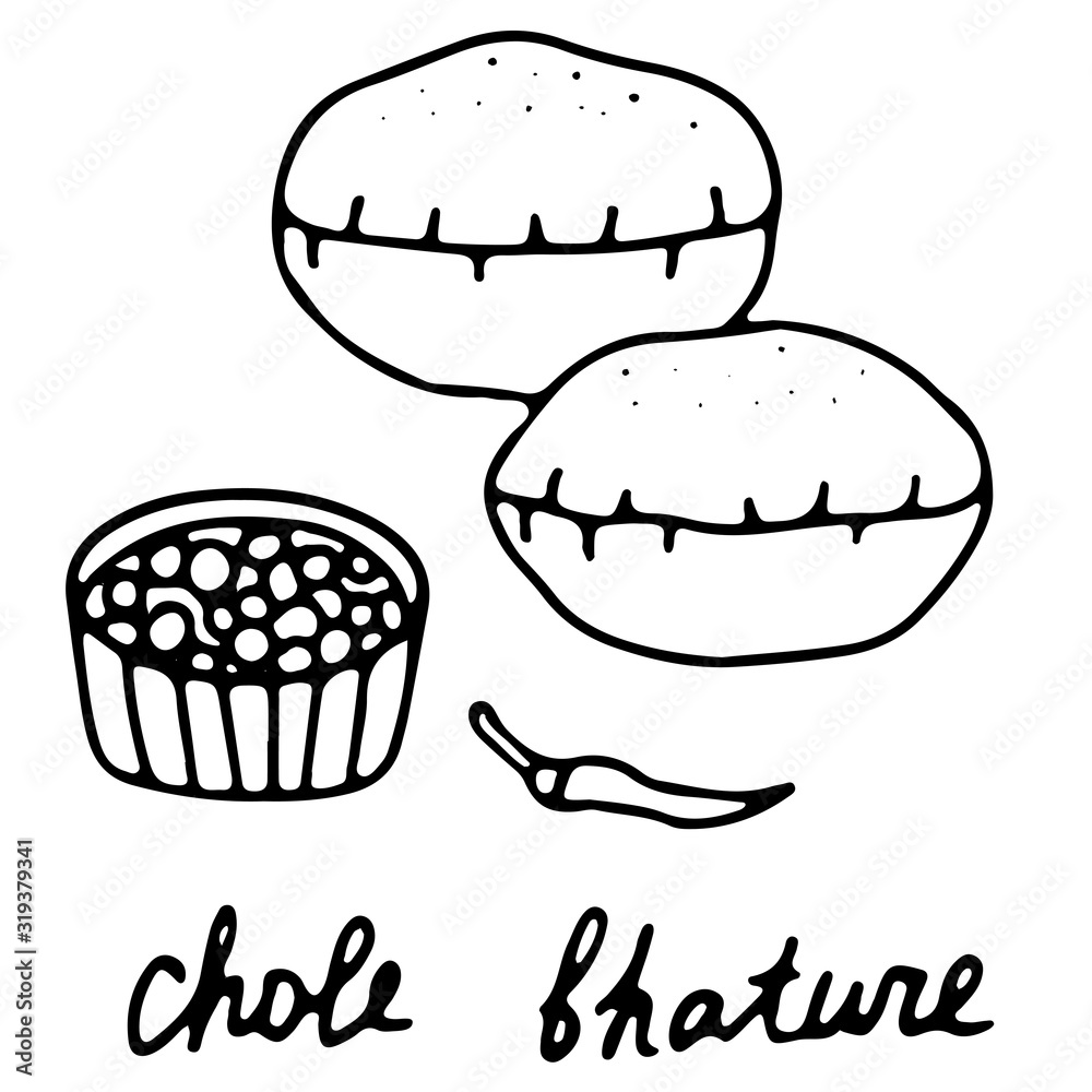 Hand drawn isolated indian food icon. Black outline illustration of ...