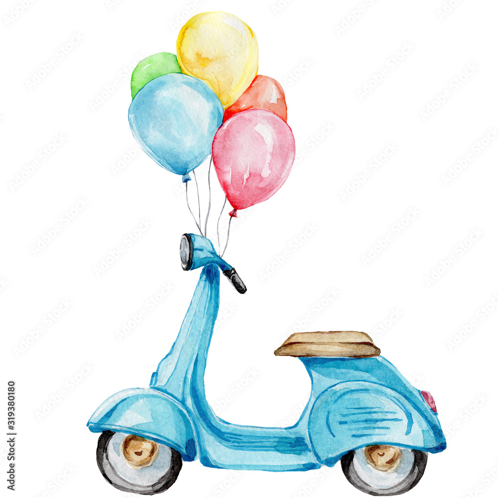 Blue cartoon bike with rainbow balloons; watercolor hand draw ...
