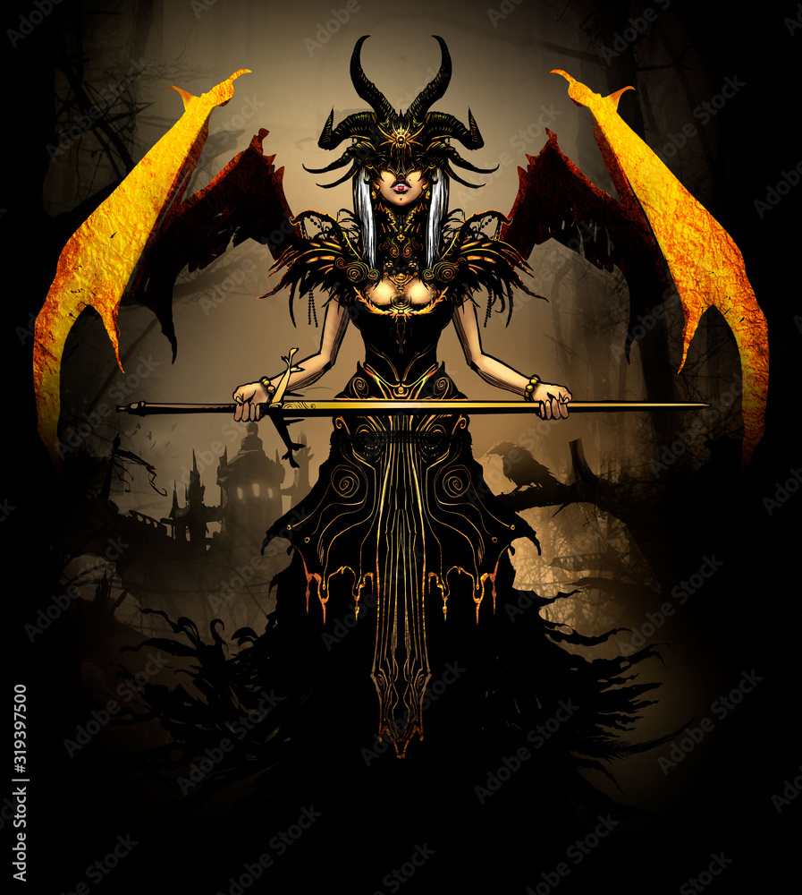 A beautiful demon girl with wings, a mask covering her eyes, dressed in ...