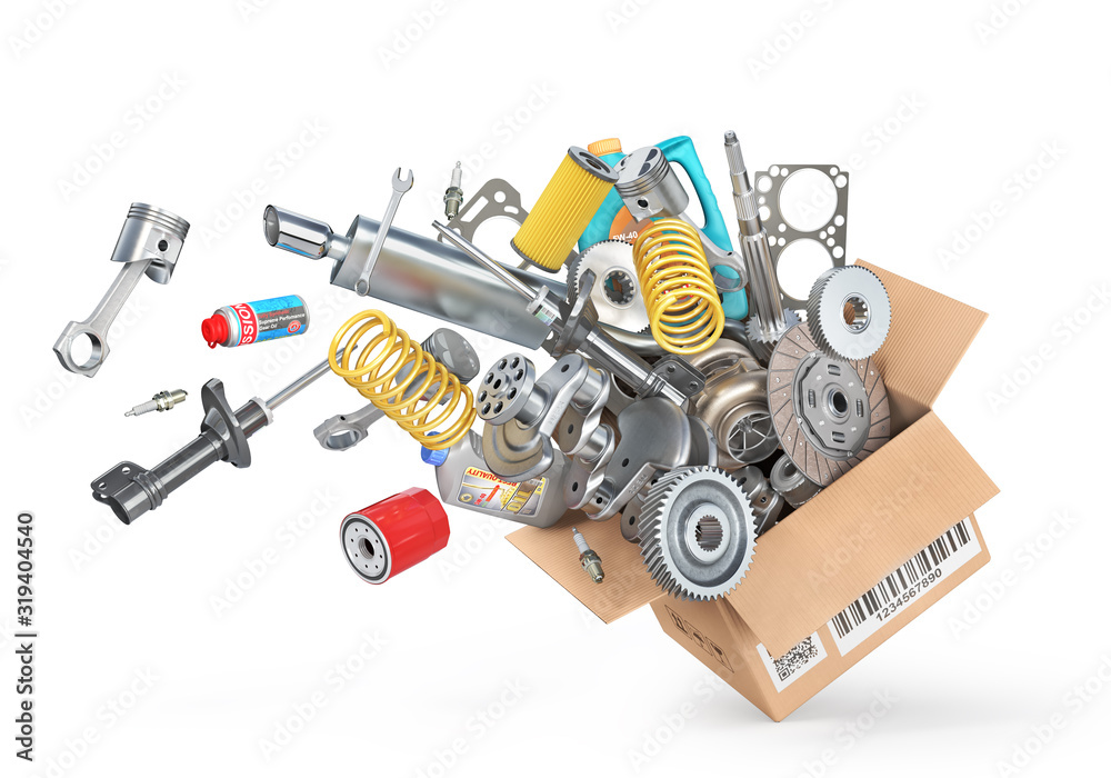 Cardboard box full of auto parts isolated on a white background. 3d ...