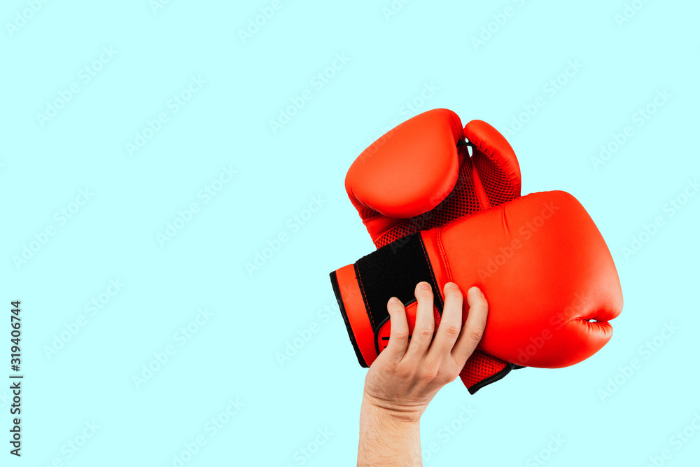 Boxing gloves raised up against a blue pastel background. Victory ...
