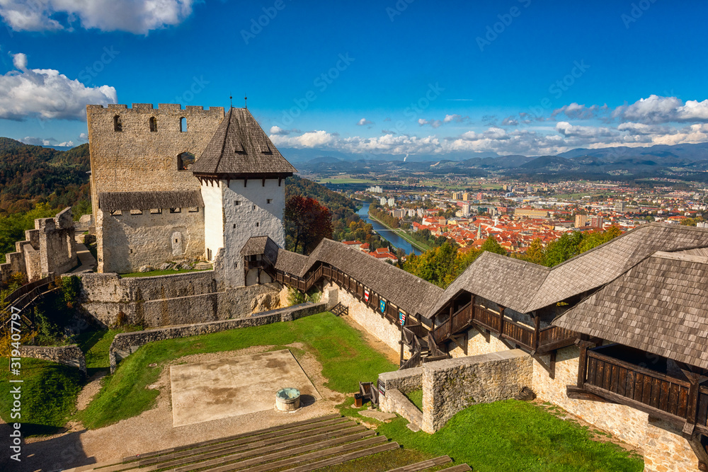 Celje Old castle (Celjski Stari grad), amazing aerial view of medieval ...