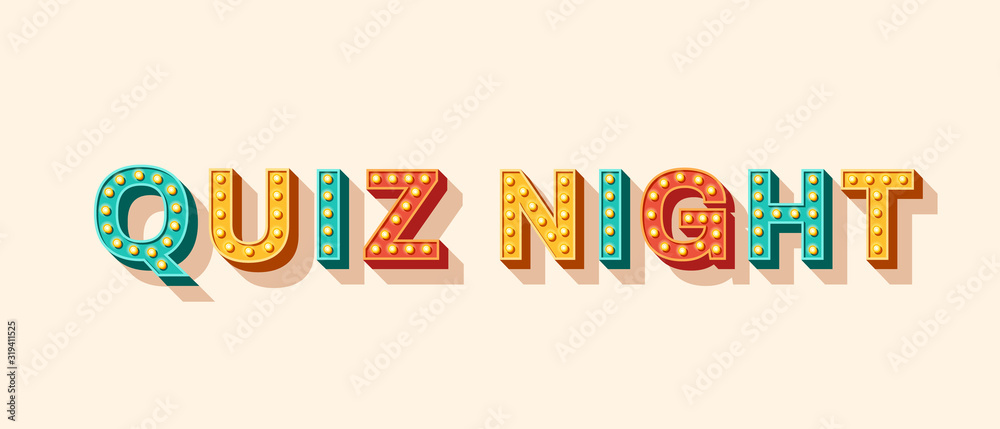 Quiz night banner with retro lettering. Typography 3d font with light ...