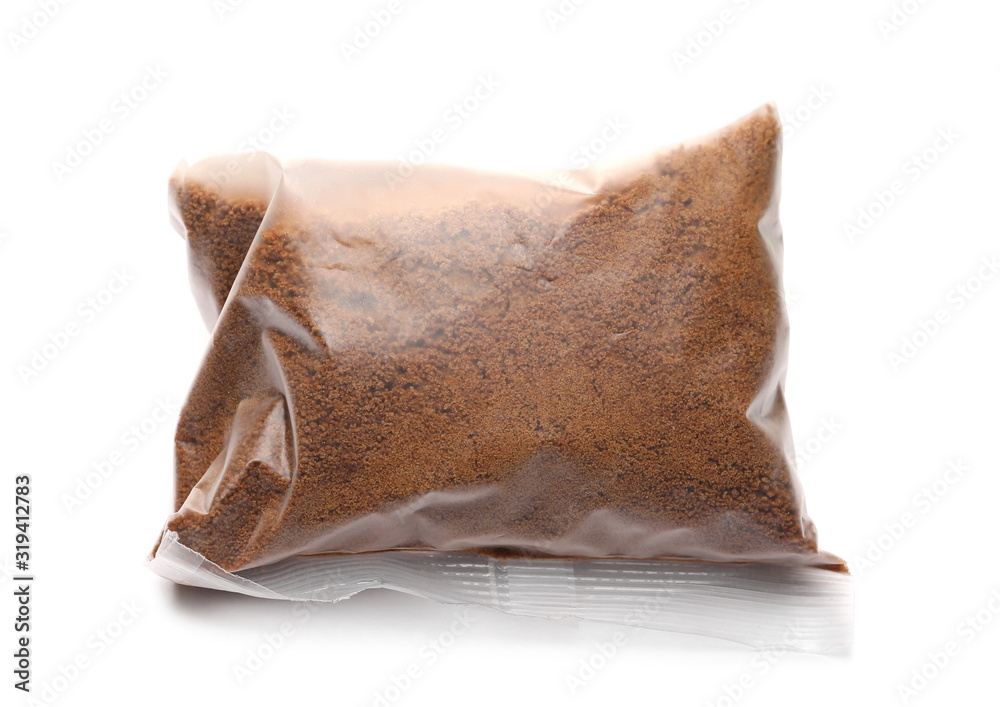 Coconut palm, sugar in plastic wrapping, packaging isolated on white ...