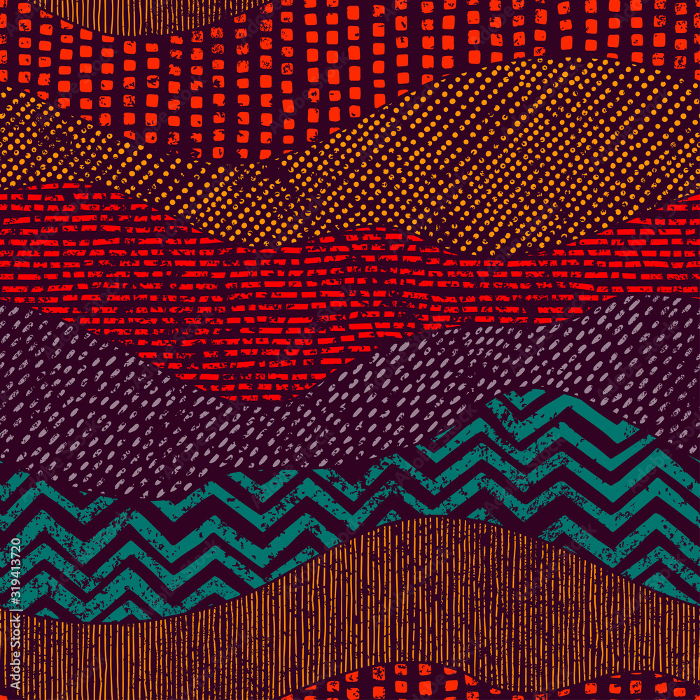 Seamless wavy pattern in patchwork style. Grunge texture. Ethnic and ...
