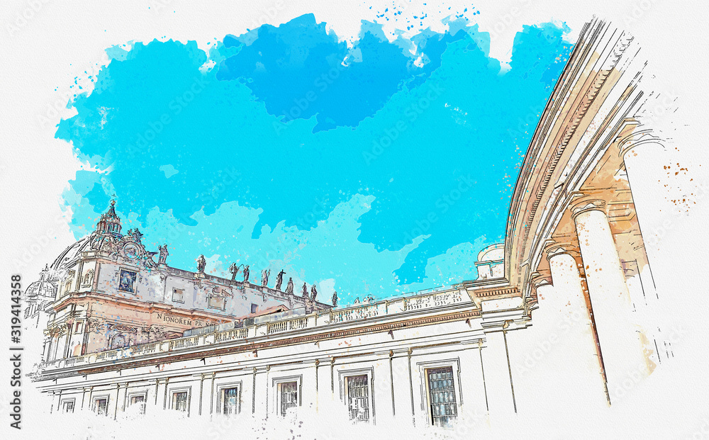 Watercolor drawing painting of Saint Peter's Square in Vatican Rome ...