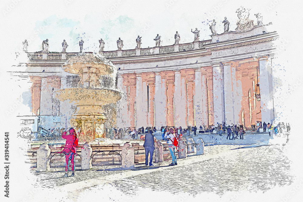 Watercolor drawing painting of Saint Peter's Square in Vatican Rome ...