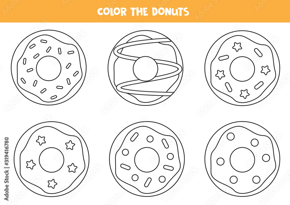 Coloring page of cartoon donuts. Game for kids. Stock Vector | Adobe Stock