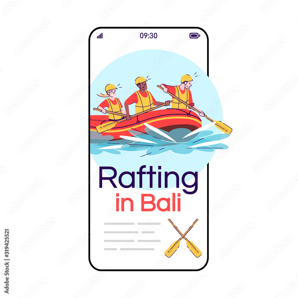 Rafting in Bali cartoon smartphone vector app screen. People in raft ...