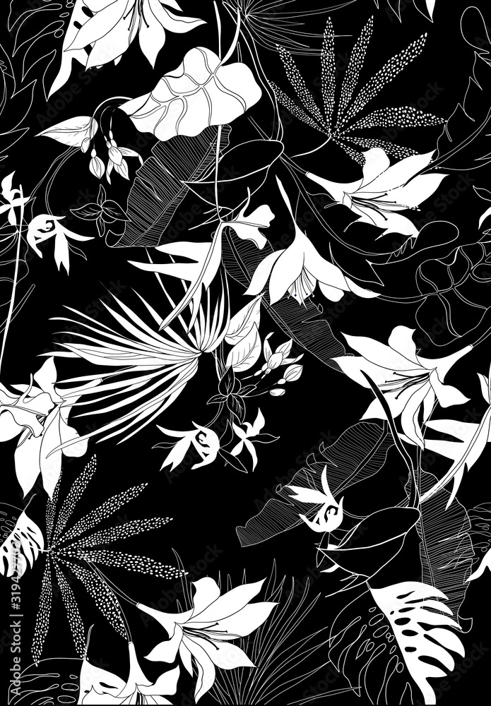 Floral seamless pattern with different flowers and tropical leaves ...