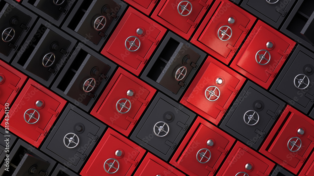 3d render an array of red and black safes. Grid structure. Frontal ...