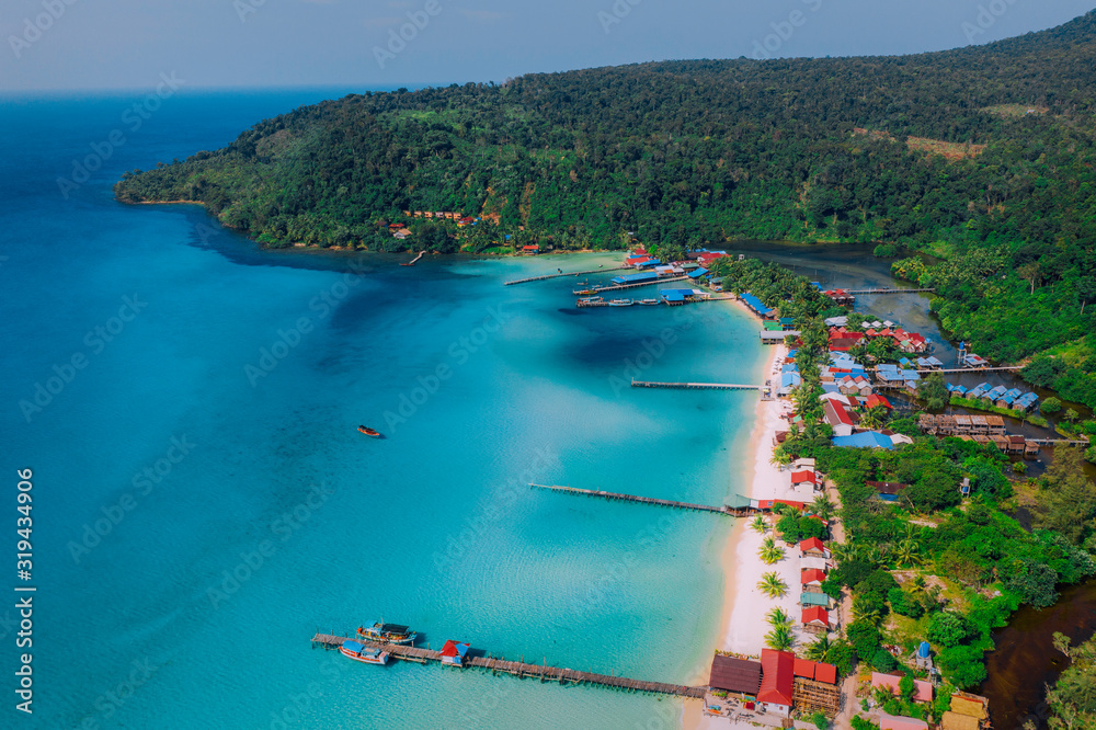 Poster Cambodia aerial view of Koh Rong island , village on the beach ...