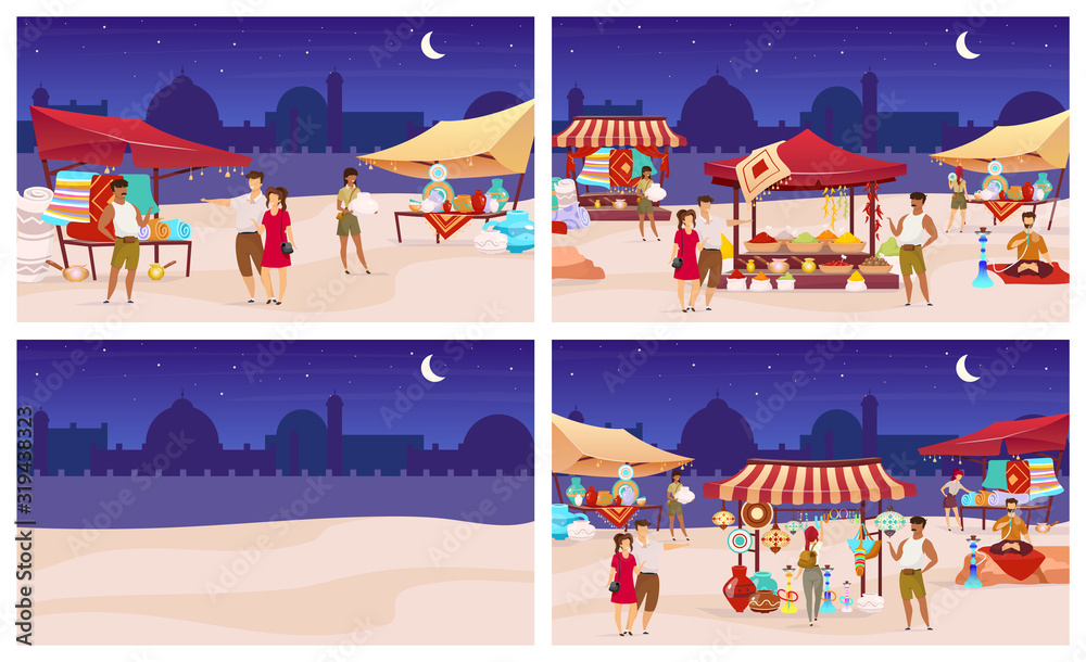 Night bazaar flat color vector illustrations set. Istanbul street ...