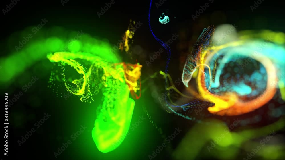 injection of fluorescent multicolor ink in water in 4k. 3d render of ...