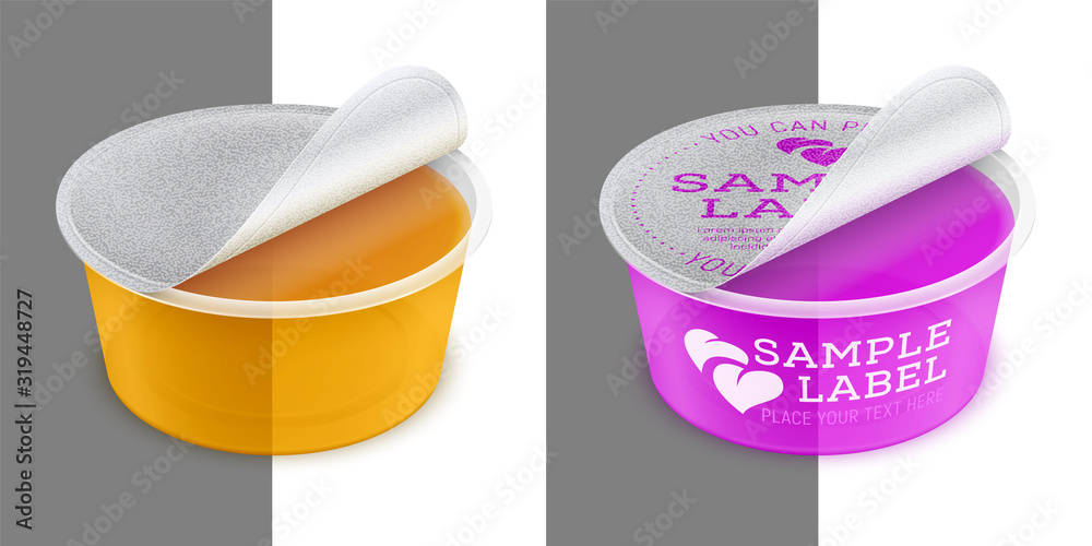 Vector labeled open round transparent plastic container with foil ...