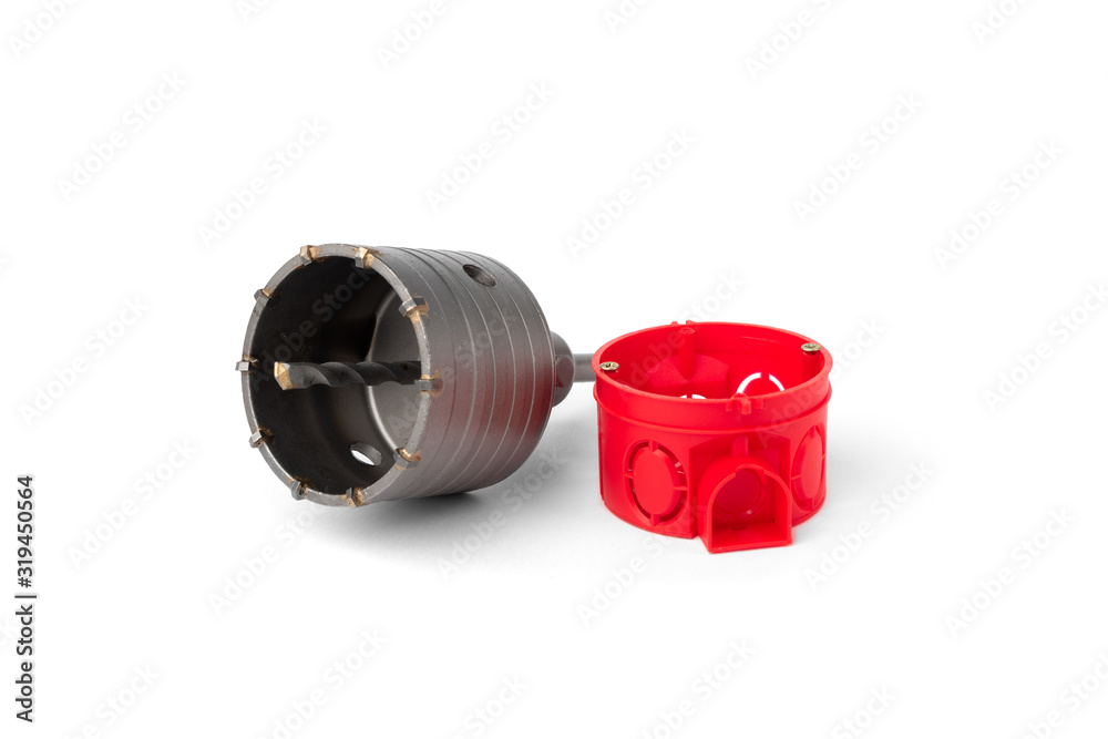 Red installation electric box for sockets and diamond crown isolated on ...