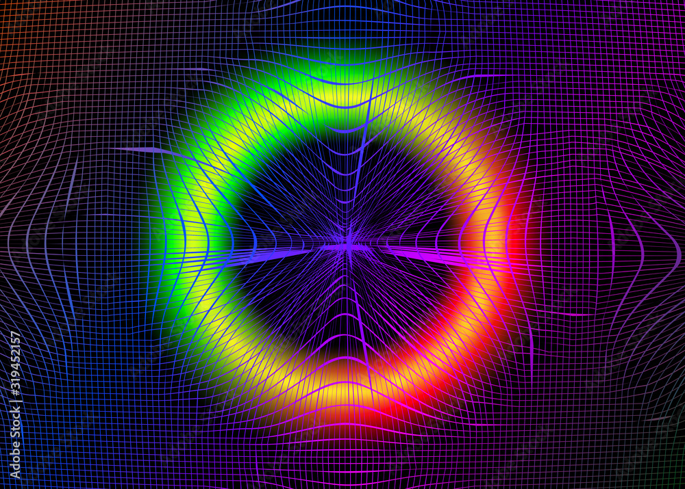 psychedelic grid with luminescent neon round. Bright abstract retro ...