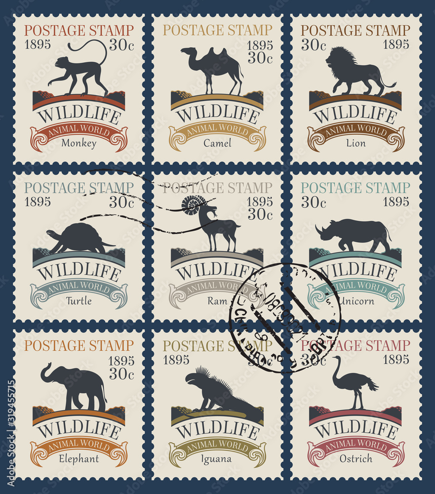Vector set of postage stamps on the theme of wildlife animals and birds ...