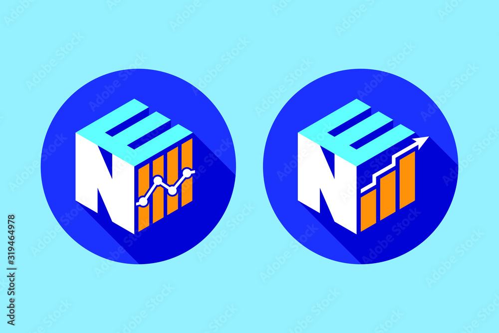 Cubic font N E with financial logo sign symbol, Vector isometric ...