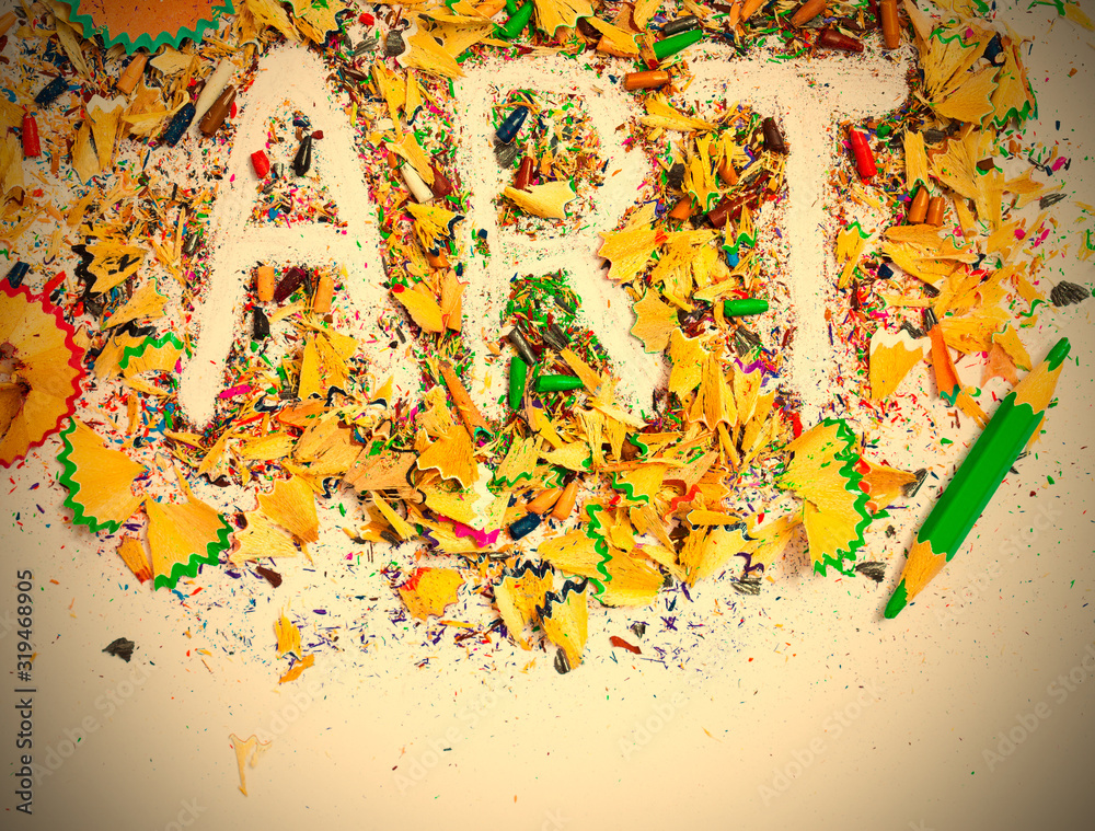 word Art over a shavings of pencils for drawing Stock Photo | Adobe Stock