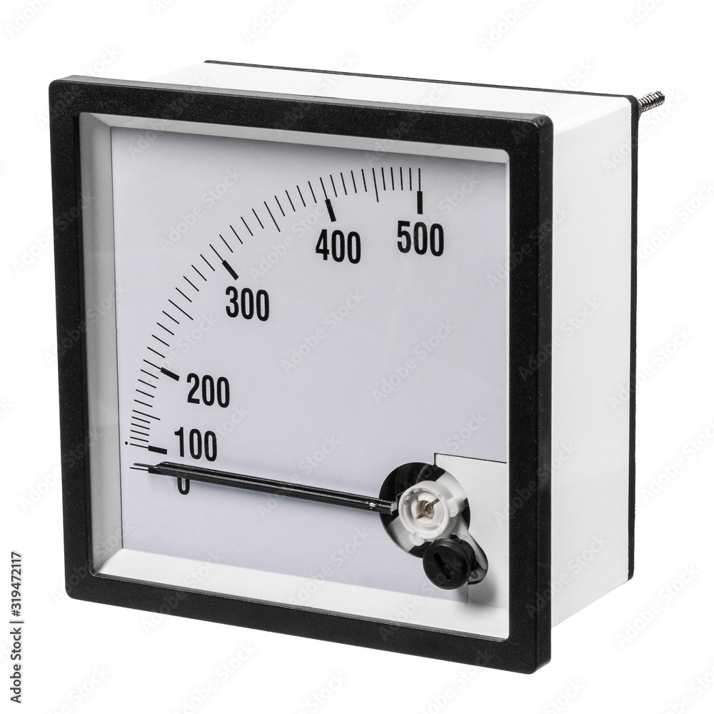 Analog ammeter or voltmeter with dial and arrow on a white background ...