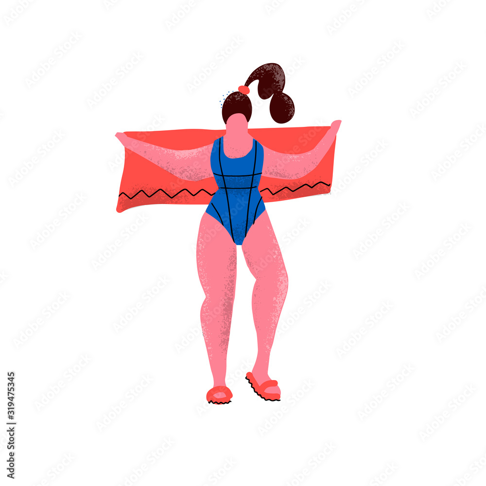 Cute confident full-figured woman in swimsuit with towel in hands ...