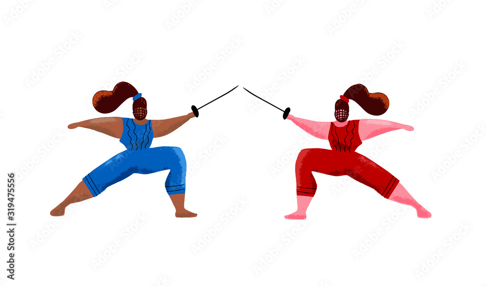 Fencing women mask training duel, swordswoman gym activity hand drawn ...