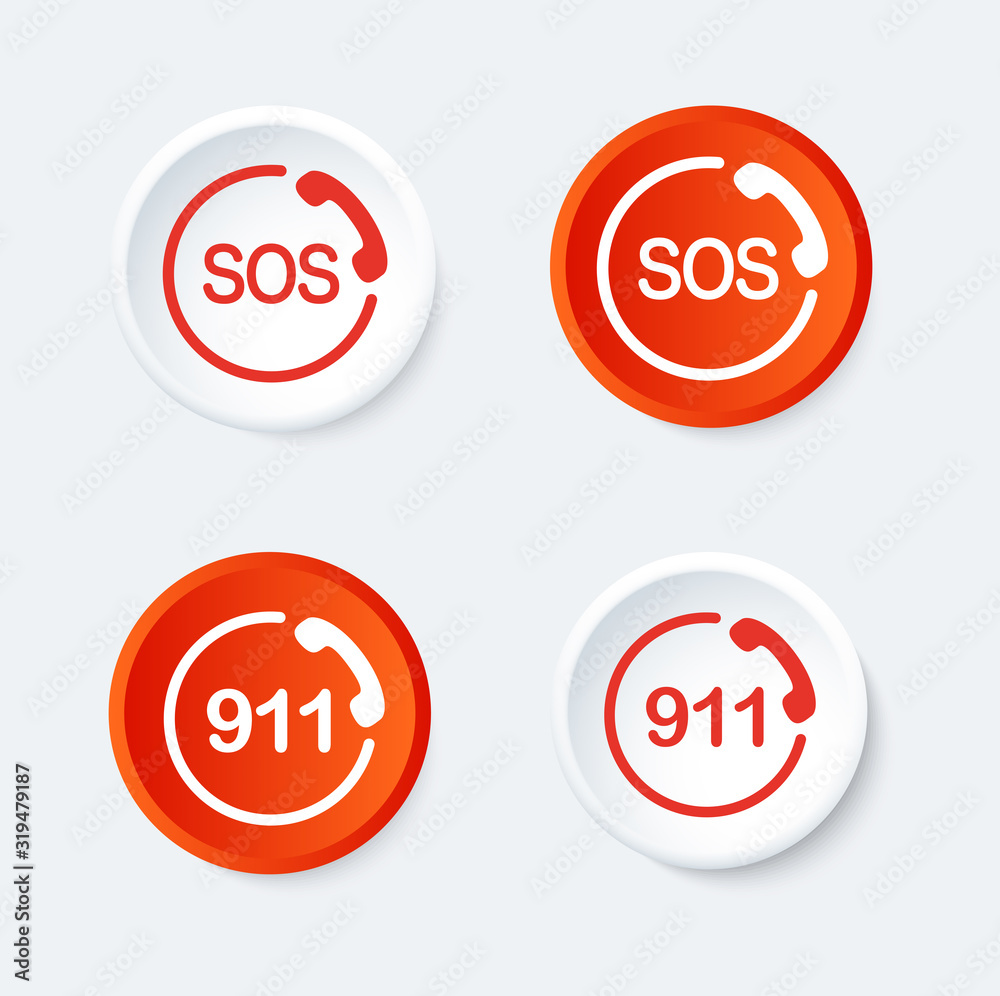 911 and SOS button. Emergency phone symbol. Round icons. Stock Vector ...