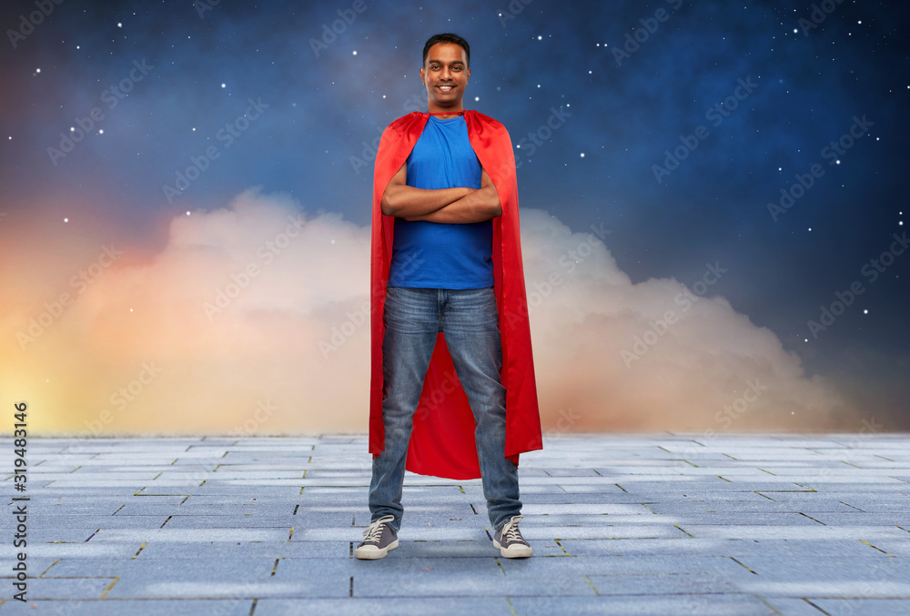 super power and people concept - happy smiling indian man in red ...