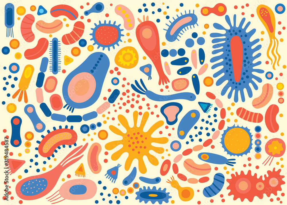 Big set with different types of microorganisms.Abstract collection of ...
