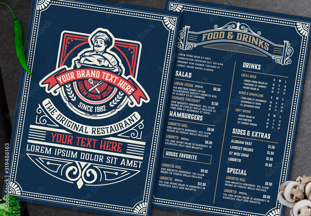 Restaurant Menu Layout with Ornamental Elements Stock Template | Adobe ...
